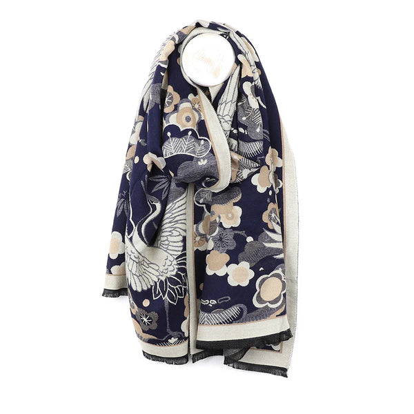 Navy Blue Crane & Floral Jacquard Scarf - Leighton House Museum