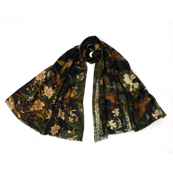Wool Silk Scarf 'Tree of Life' in Black - Leighton House Museum